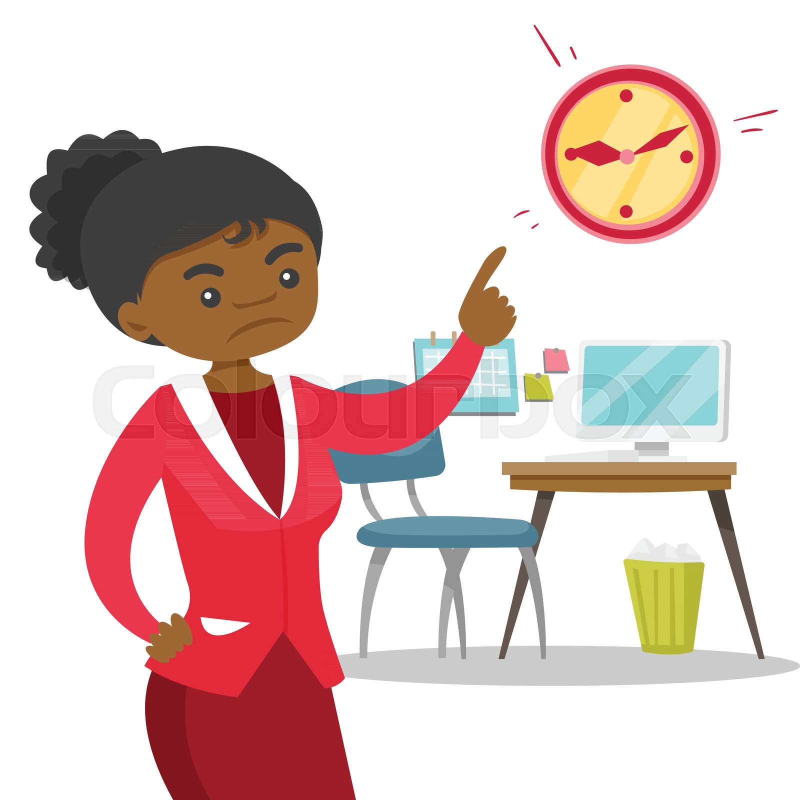 Angry african employer pointing to time on clock | Stock vector | Colourbox