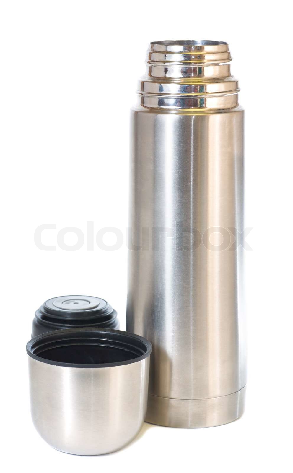 Single metallic thermos isolated on white background | Stock image ...