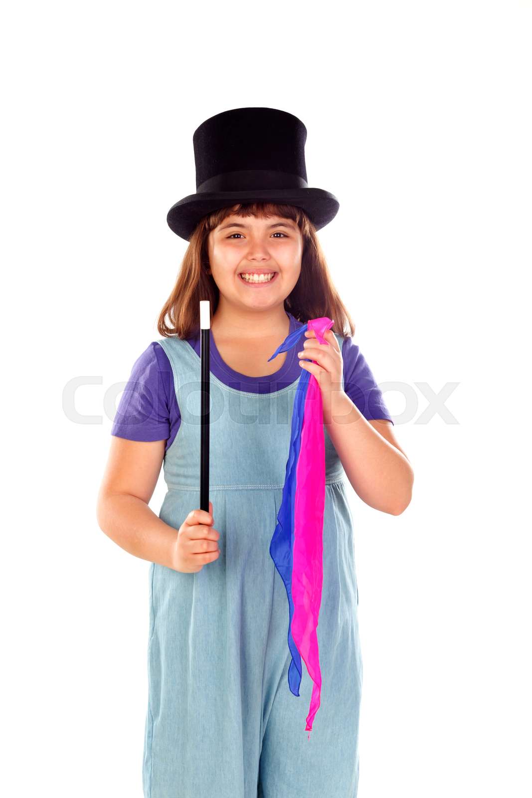Pretty little girl doing magic with a top hat and a magic wand | Stock ...