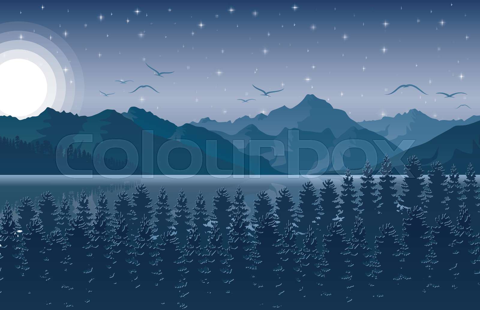 Night mountains landscape with forest and river on starry sky | Stock ...