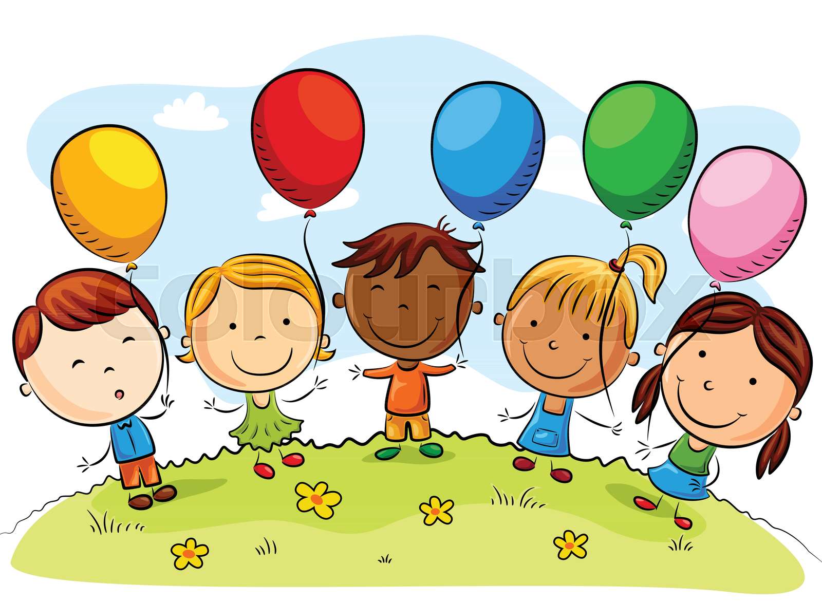 Happy kids cartoon with colorful balloons | Stock vector | Colourbox