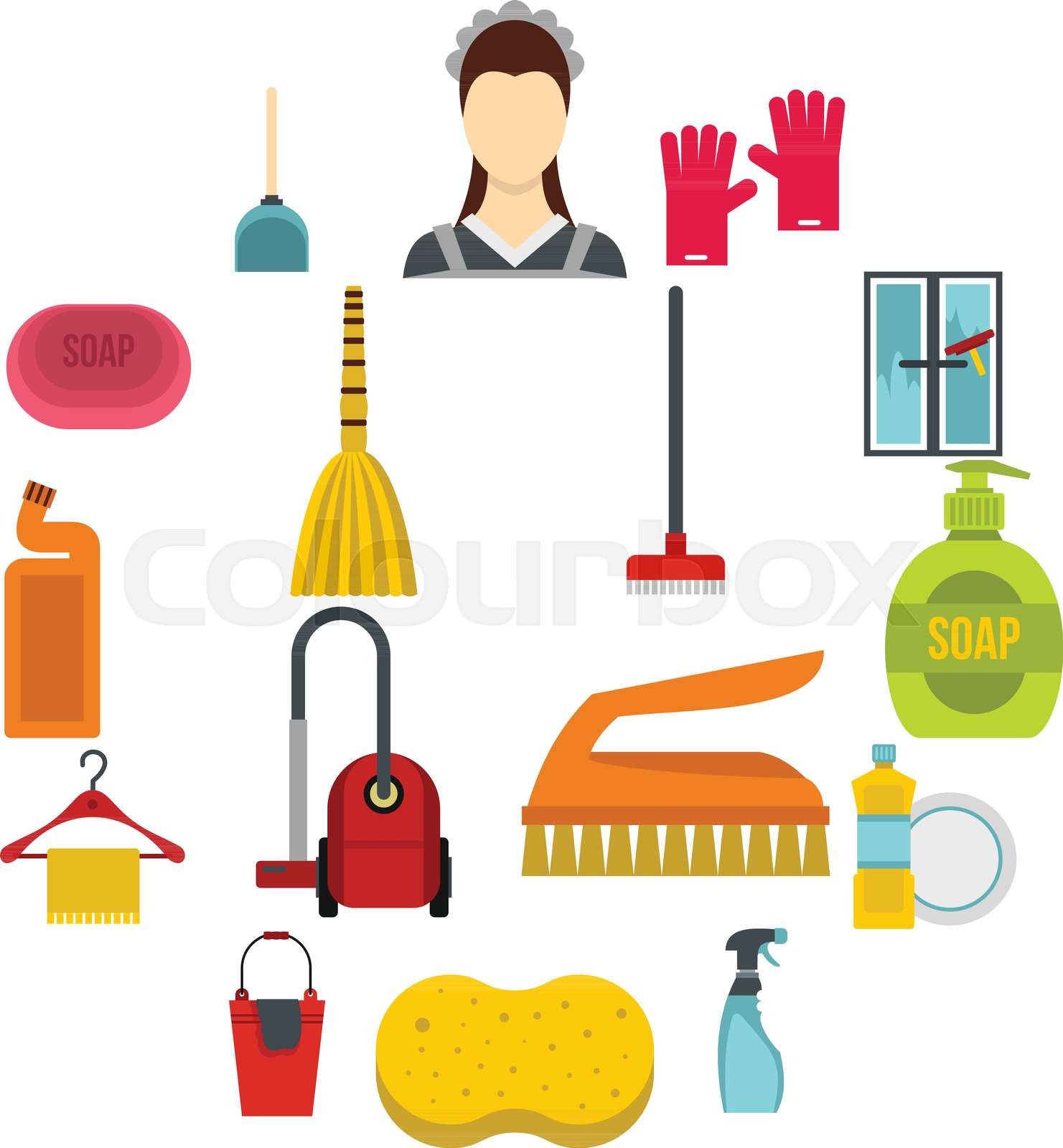 House cleaning icons set, flat style | Stock vector | Colourbox
