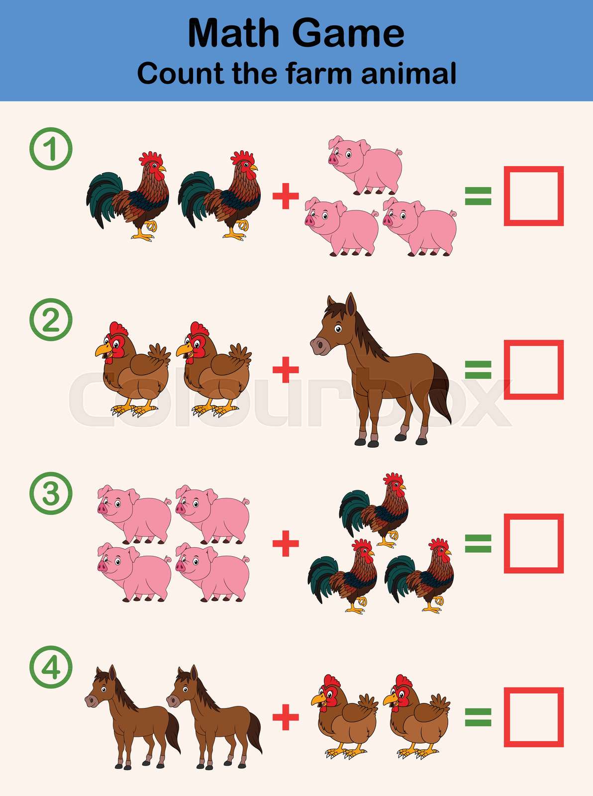 Cartoon educational mathematical game for children with farm animal ...