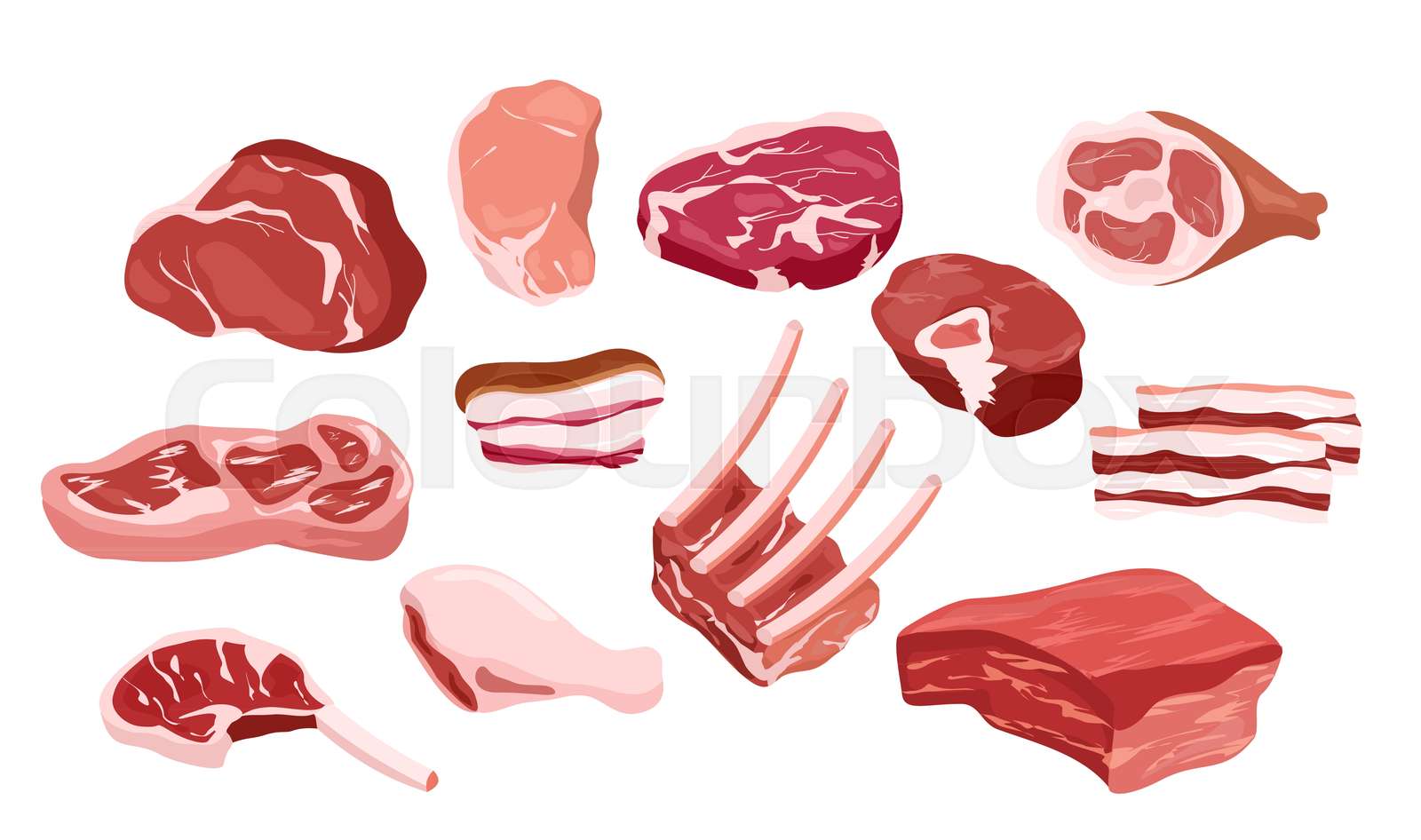 Vector illustration set of fresh meat icons, pieces of fresh tasty meat ...