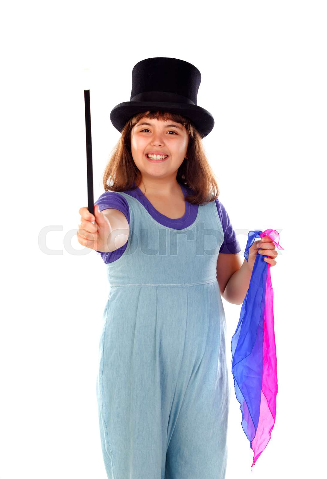 Pretty little girl doing magic with a top hat and a magic wand | Stock ...