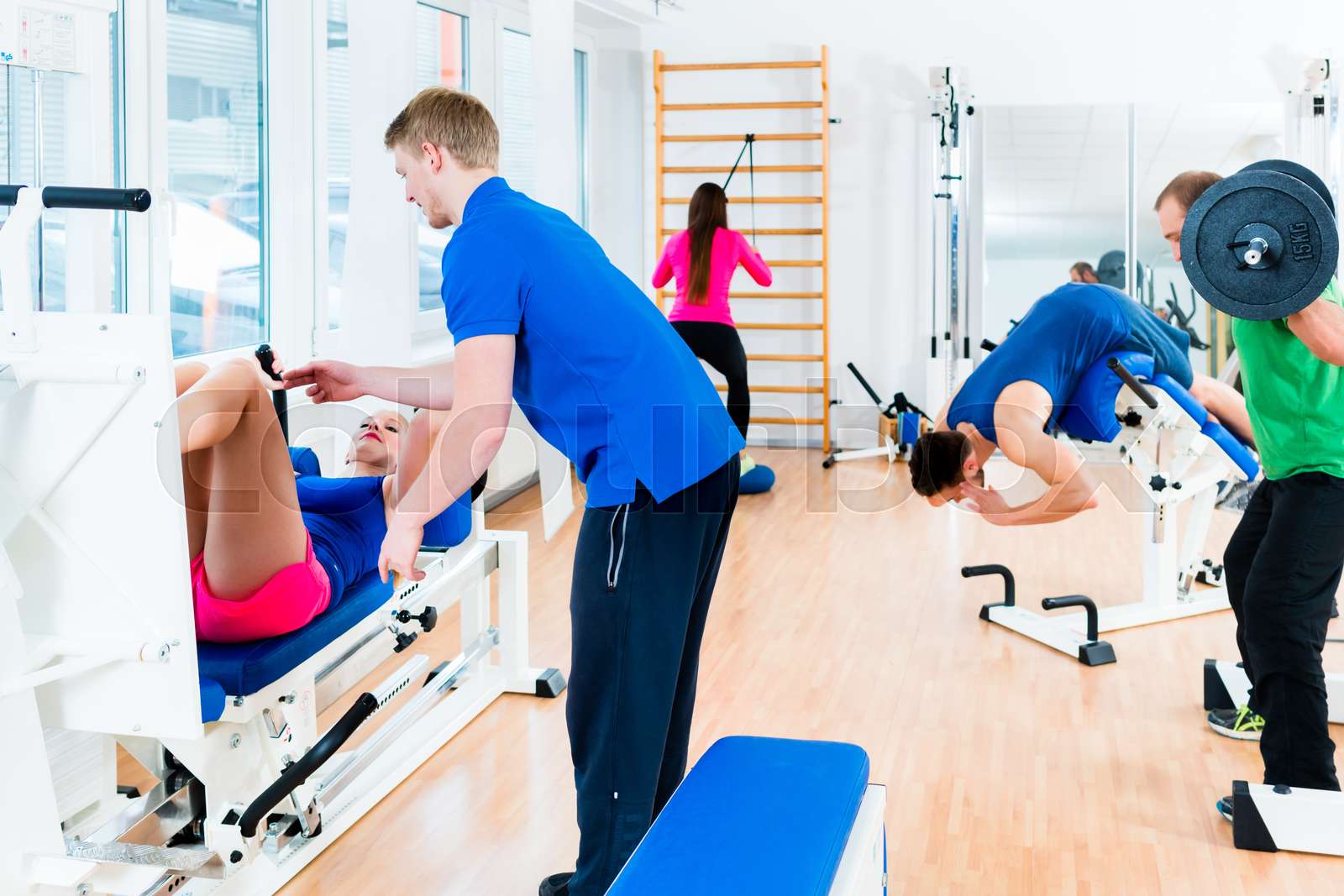 Men and women doing workout on diverse equipment in gym | Stock image ...