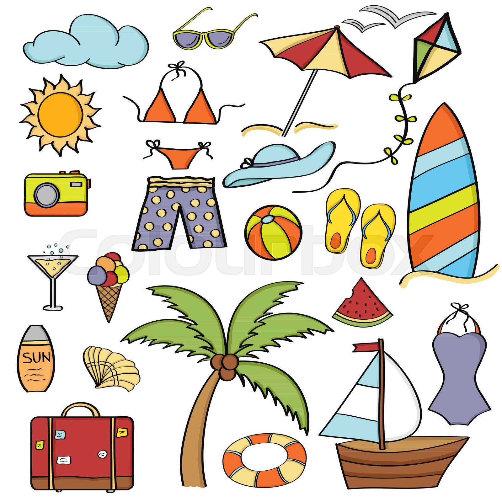 Doodle cartoon items summer holiday collection | Stock vector | Colourbox
