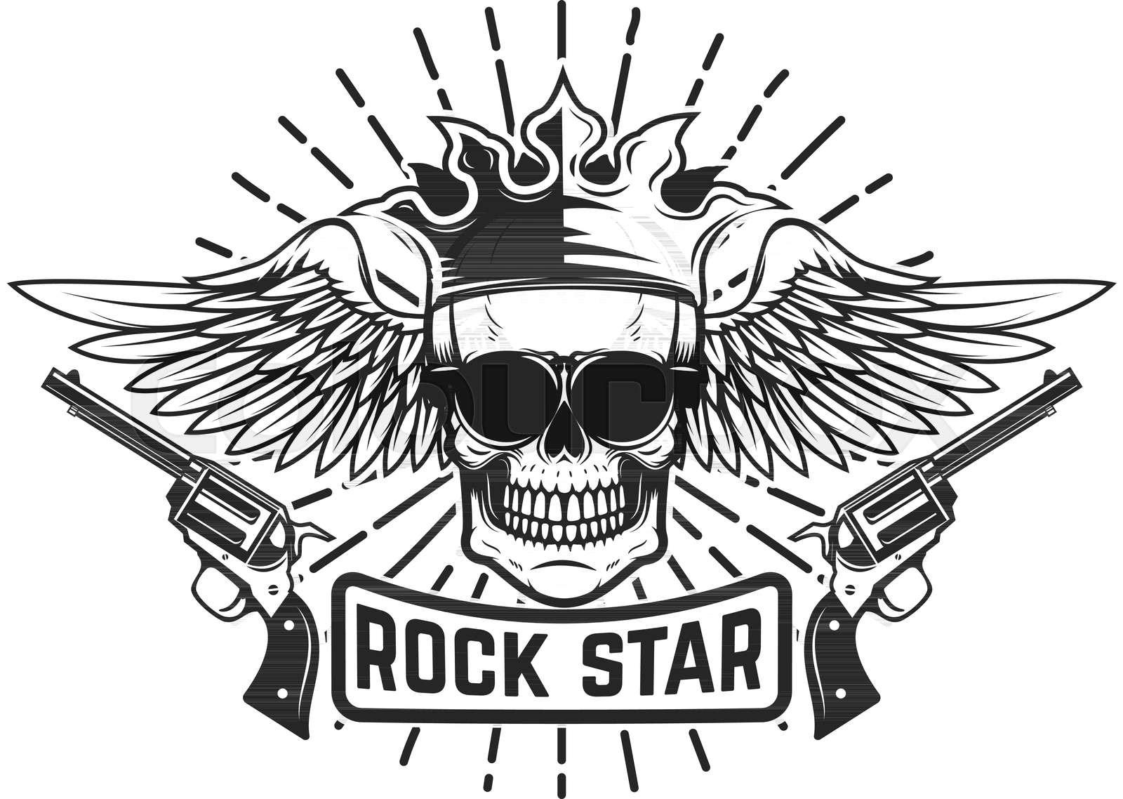 Rockstar. Winged skull with crown and guns. Design element for logo ...