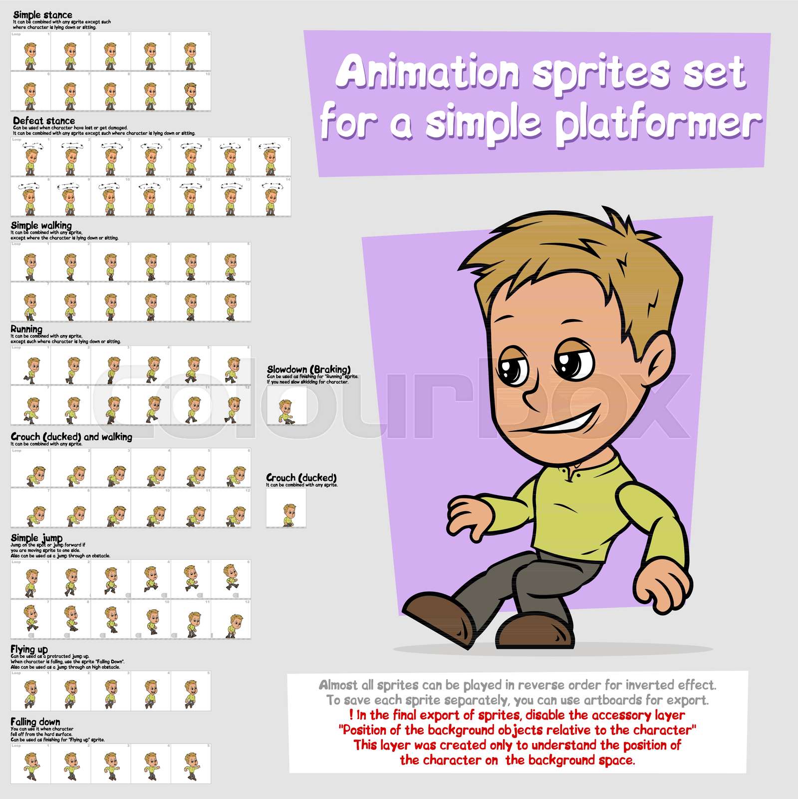 Cartoon boy platformer animation sprites sheet set | Stock vector ...