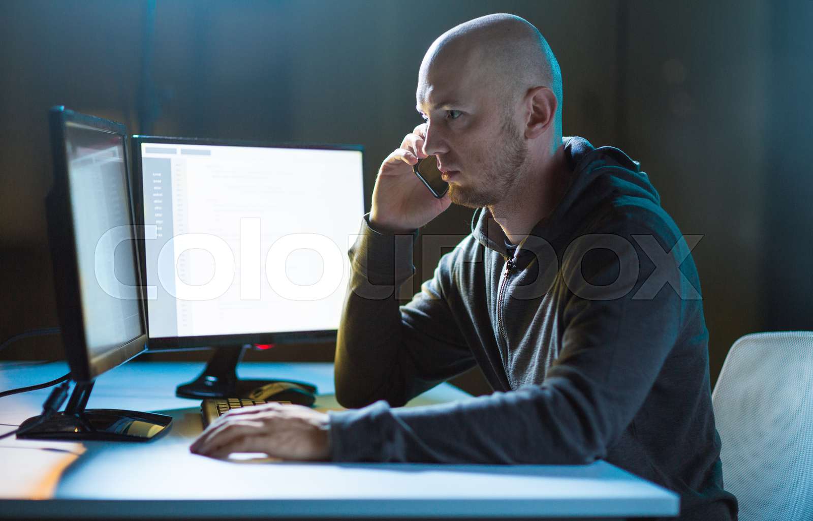 Hacker With Program On Computer Calling On Cell Stock Image Colourbox 1604