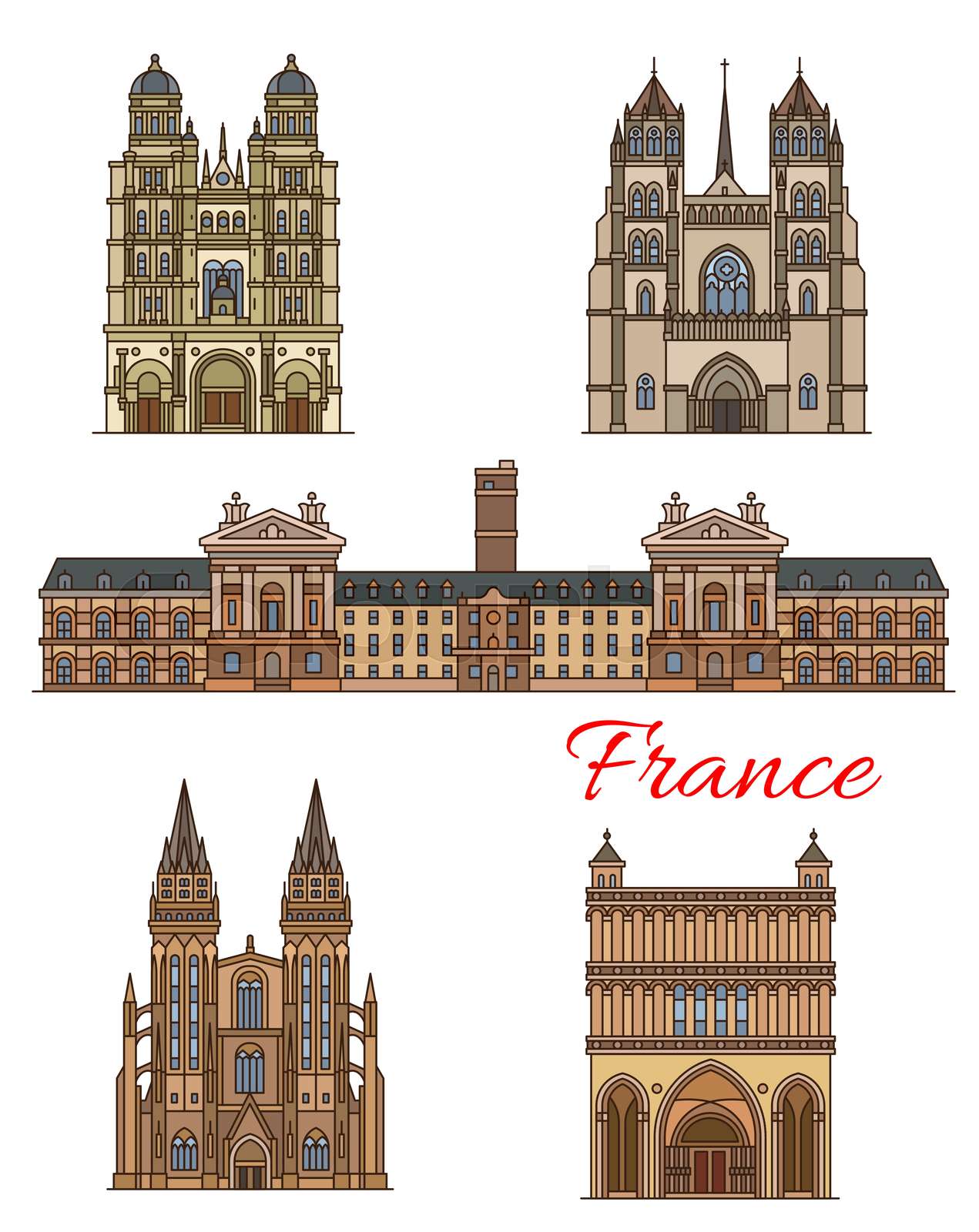 France landmarks vector travel buildings icons | Stock vector | Colourbox