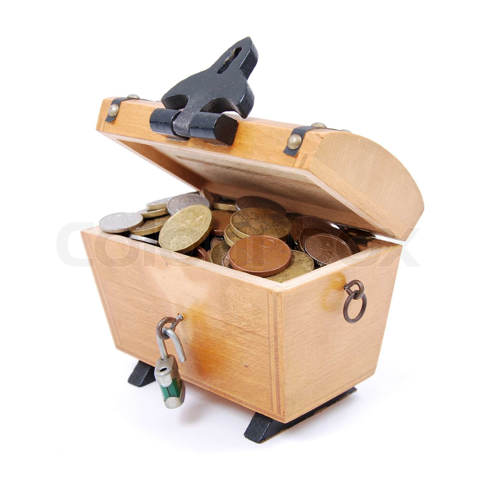 open unlocked wooden money box | Stock image | Colourbox