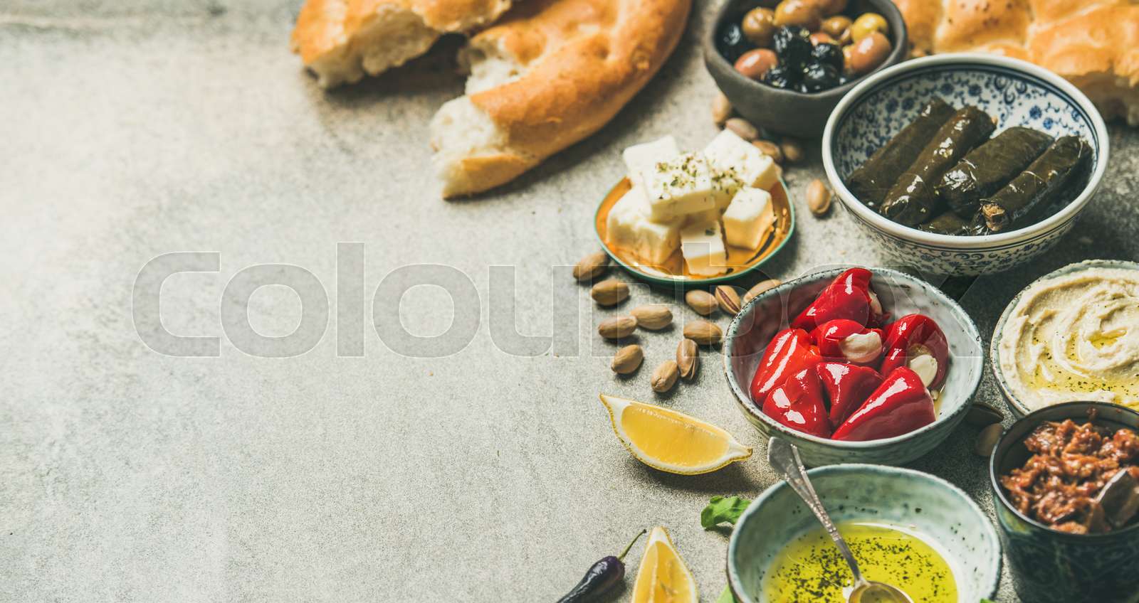 Mediterranean or Middle Eastern meze starter fingerfood assortment ...