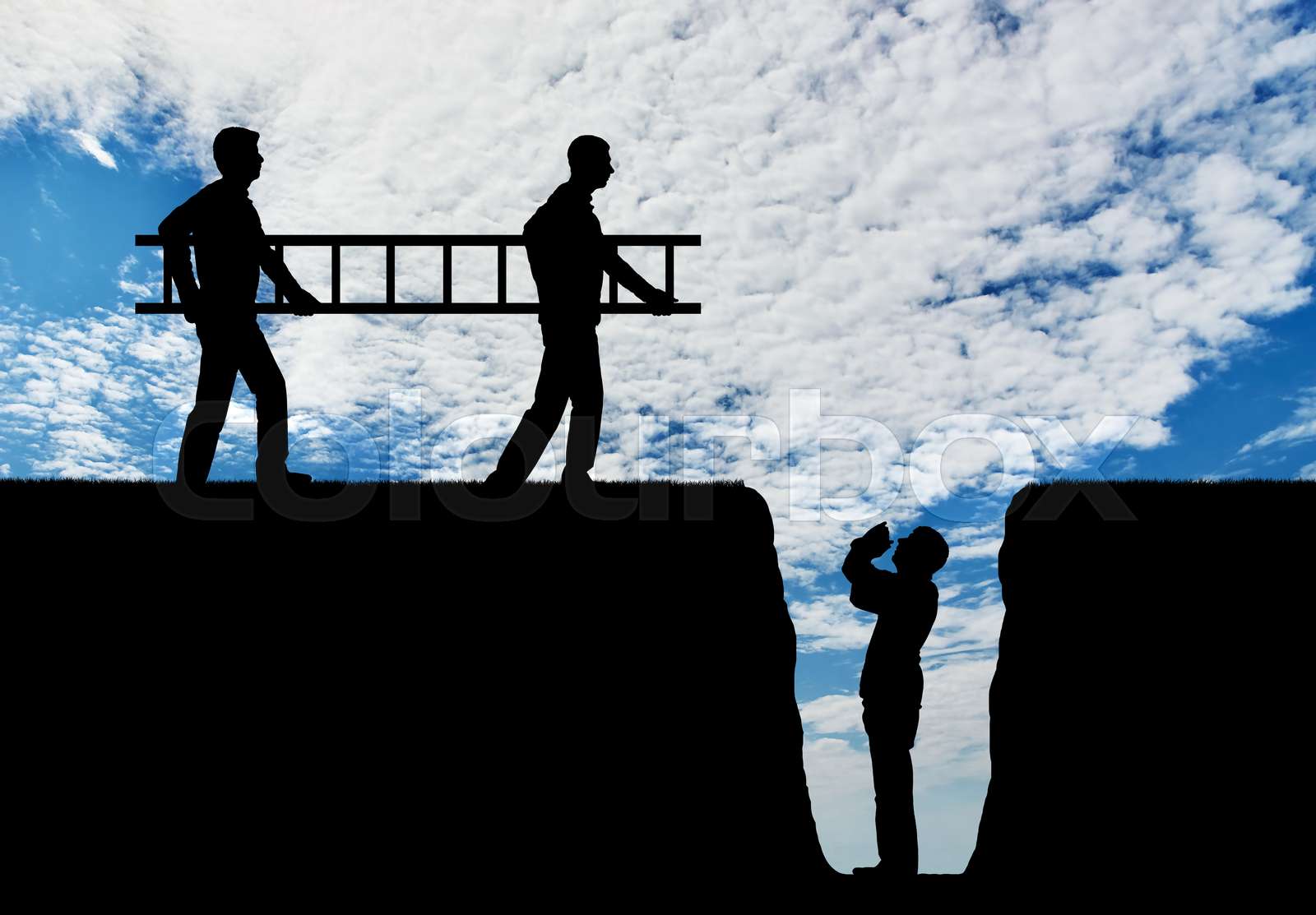 Silhouette two men carry a ladder to another man to the pit, calling ...
