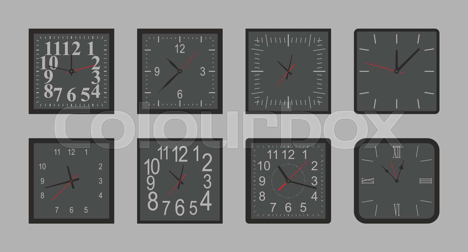 Set of black Square wall clock | Stock vector | Colourbox