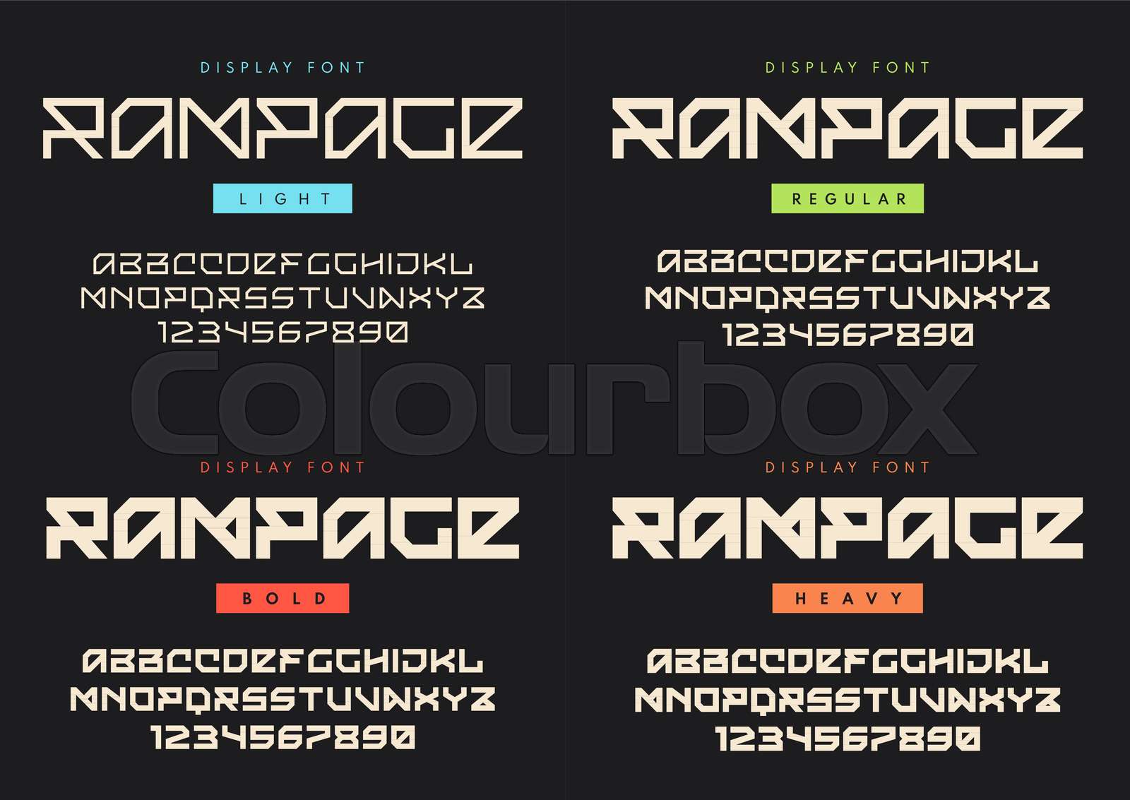 Vector modern display font named Rampage. Light, regular, bold and ...