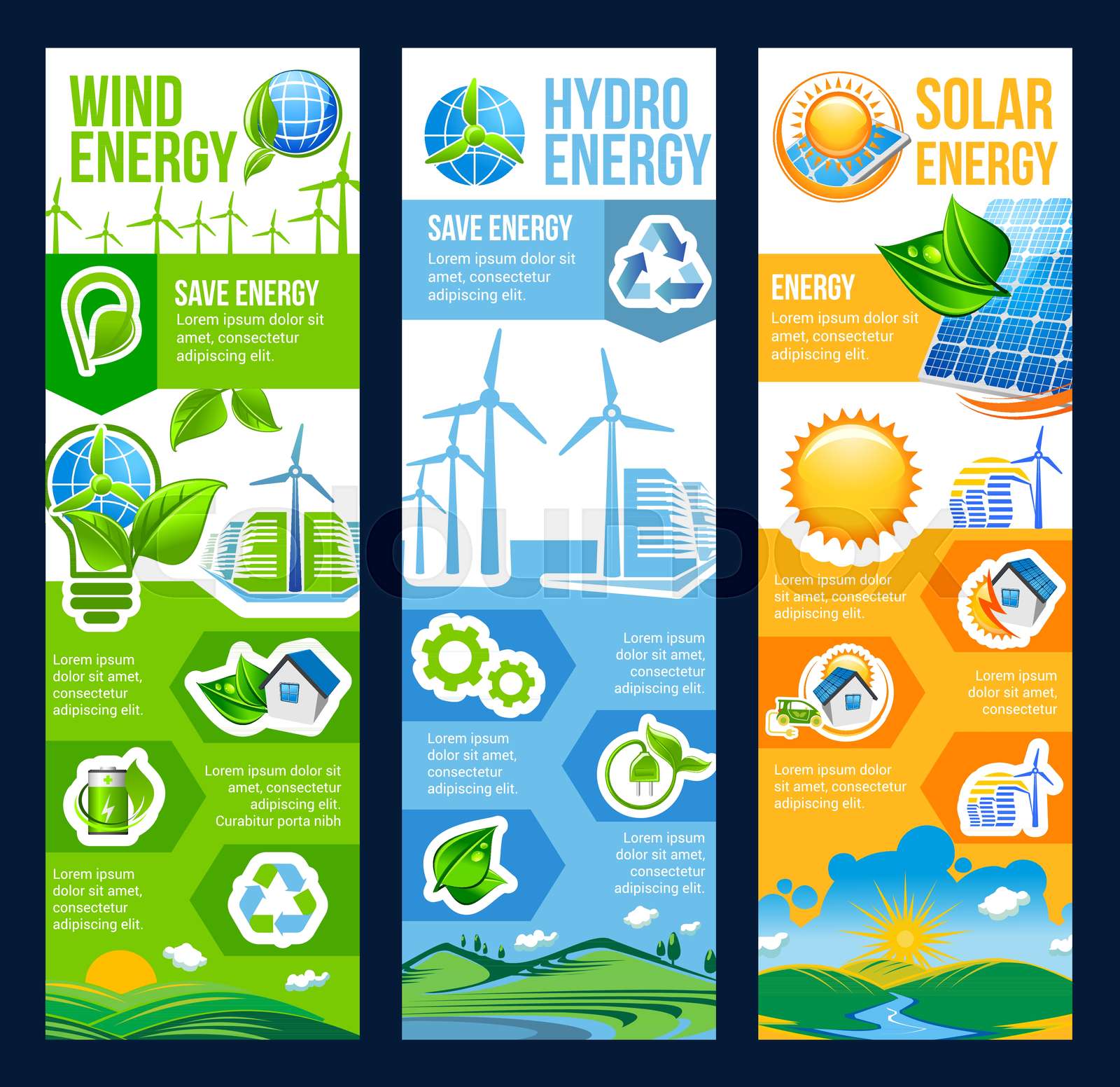 Save energy banner of solar, wind and hydro power | Stock vector ...