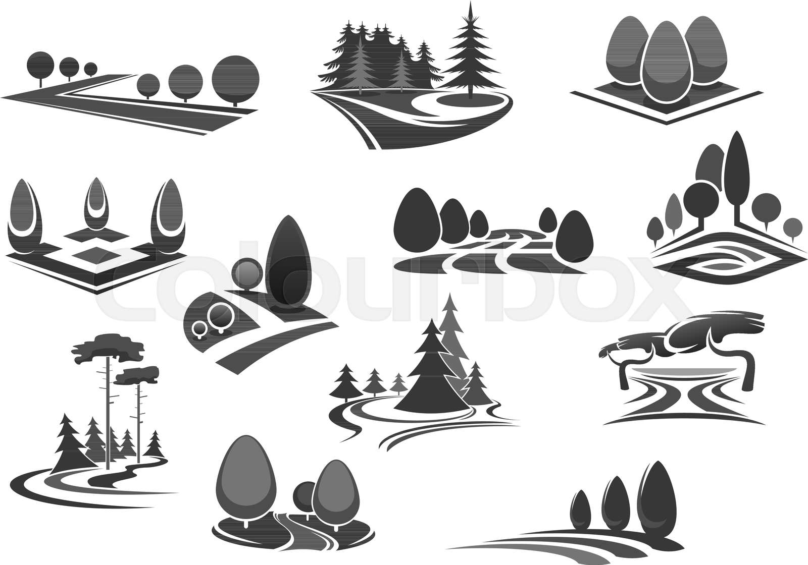 Nature landscape icon set with tree and plant | Stock vector | Colourbox