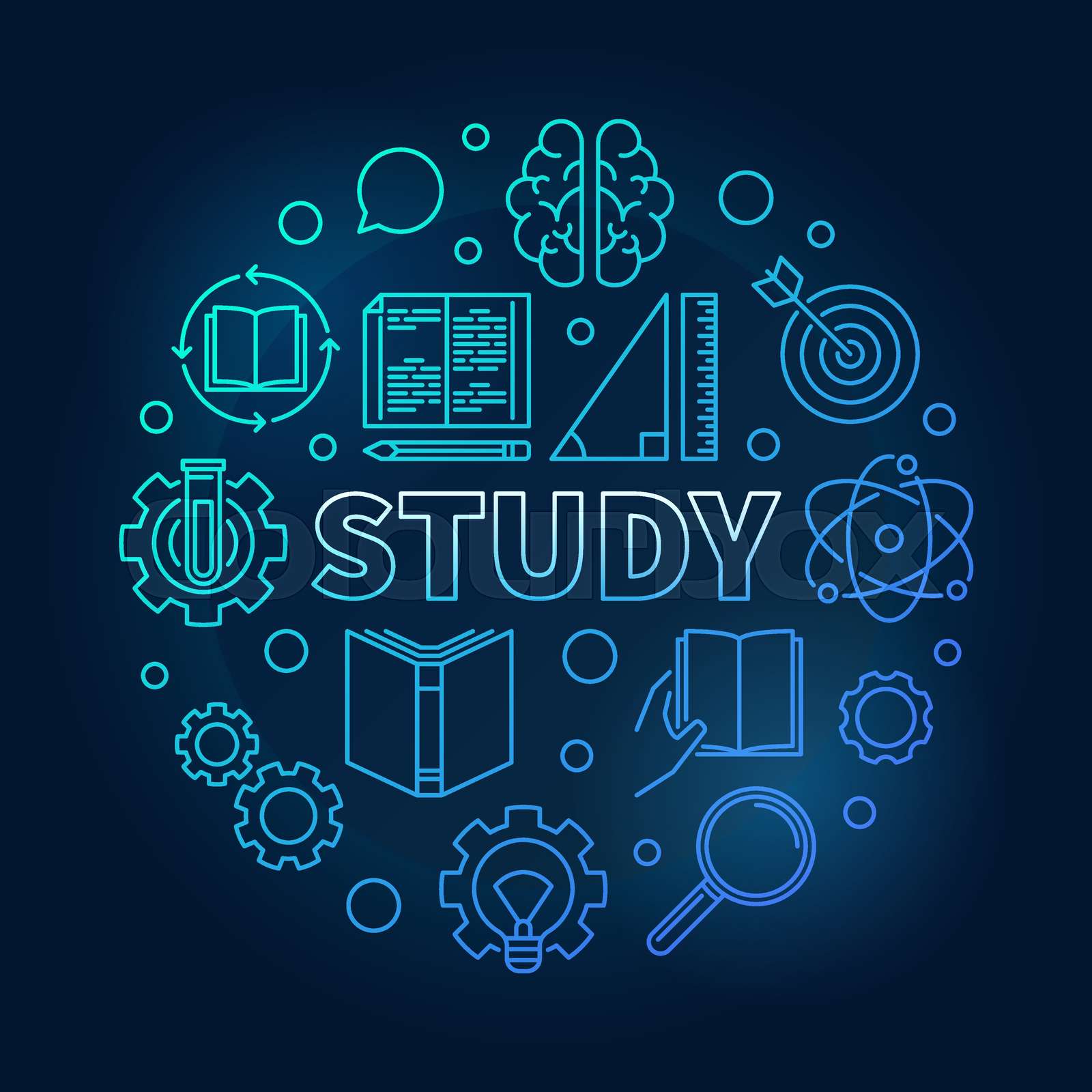 Study vector round education blue illustration in line style | Stock ...