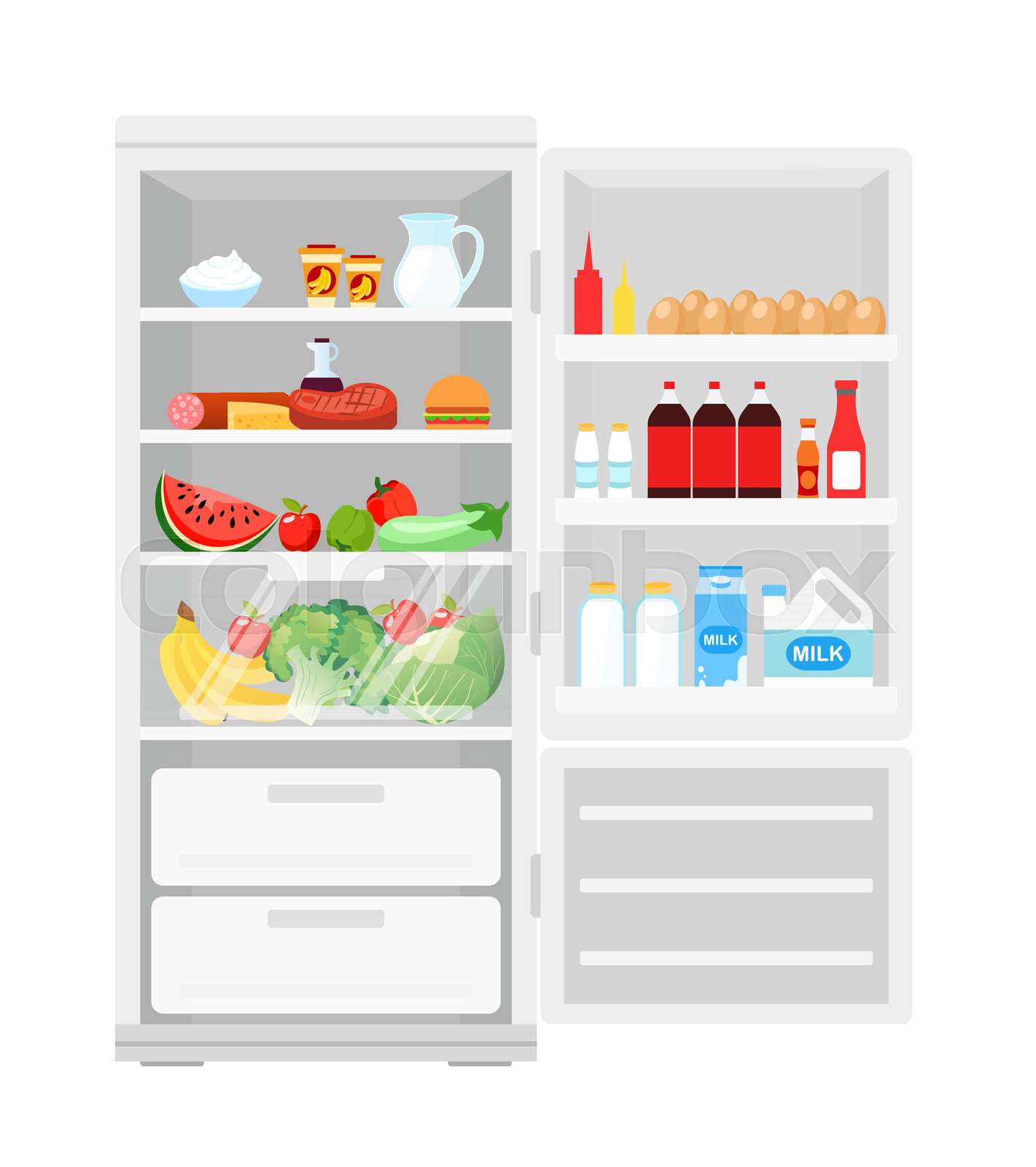 Vector illustration of modern opened refrigerator full of food. Lot of ...