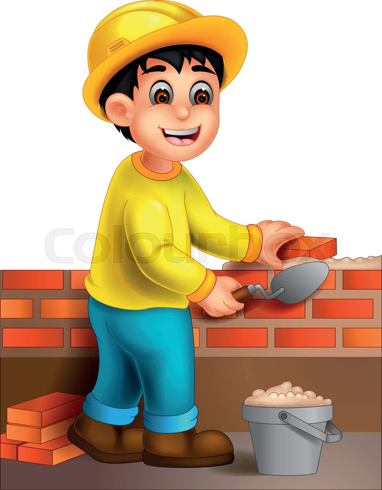 funny builder cartoon standing in action with laughing | Stock vector ...