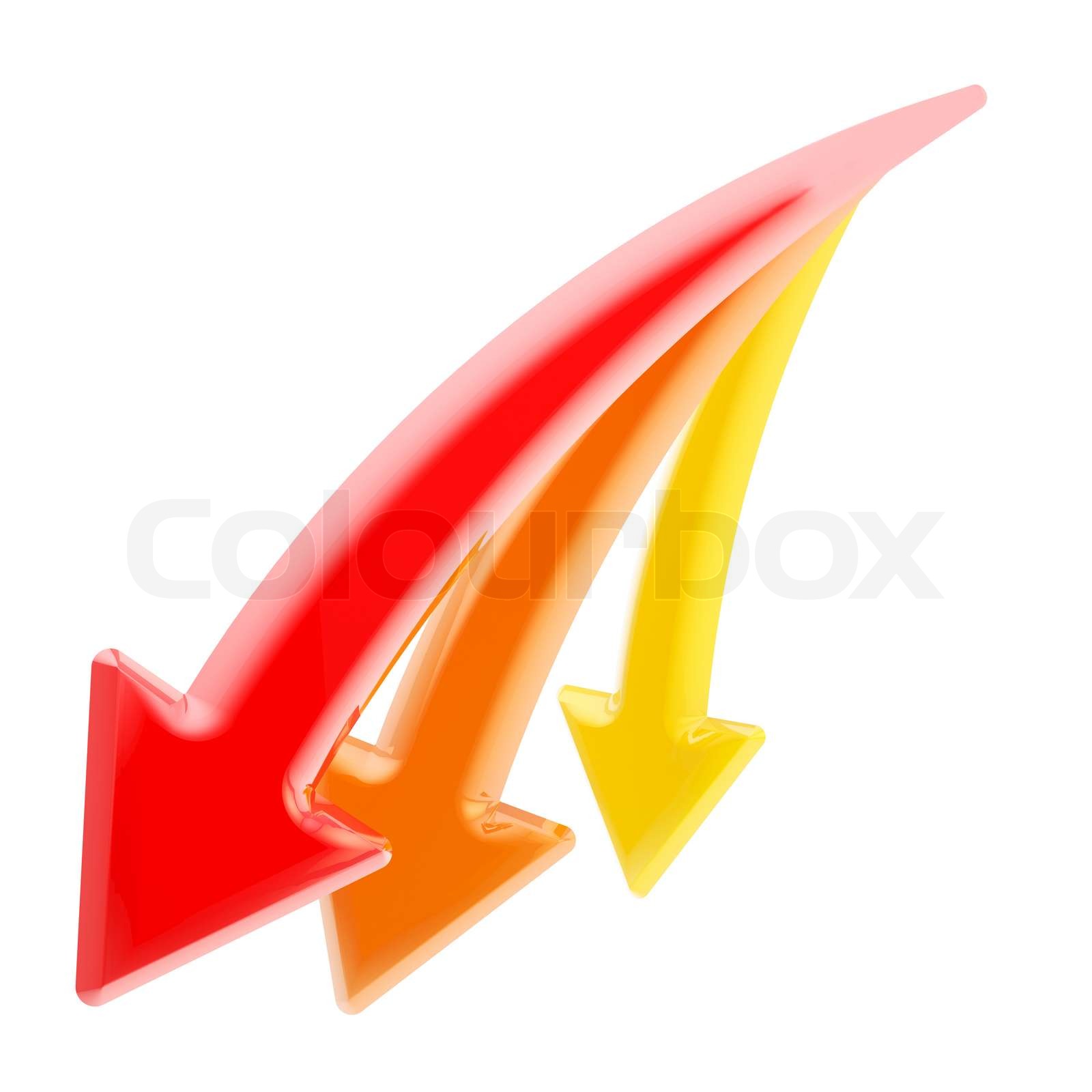 Down and decline: set of three red, orange, yellow declining arrows ...