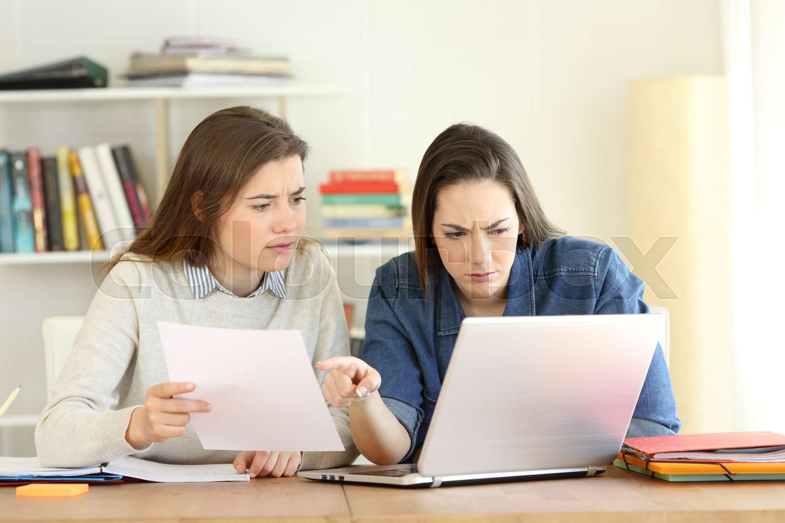 Concentrated students comparing documents online | Stock image | Colourbox