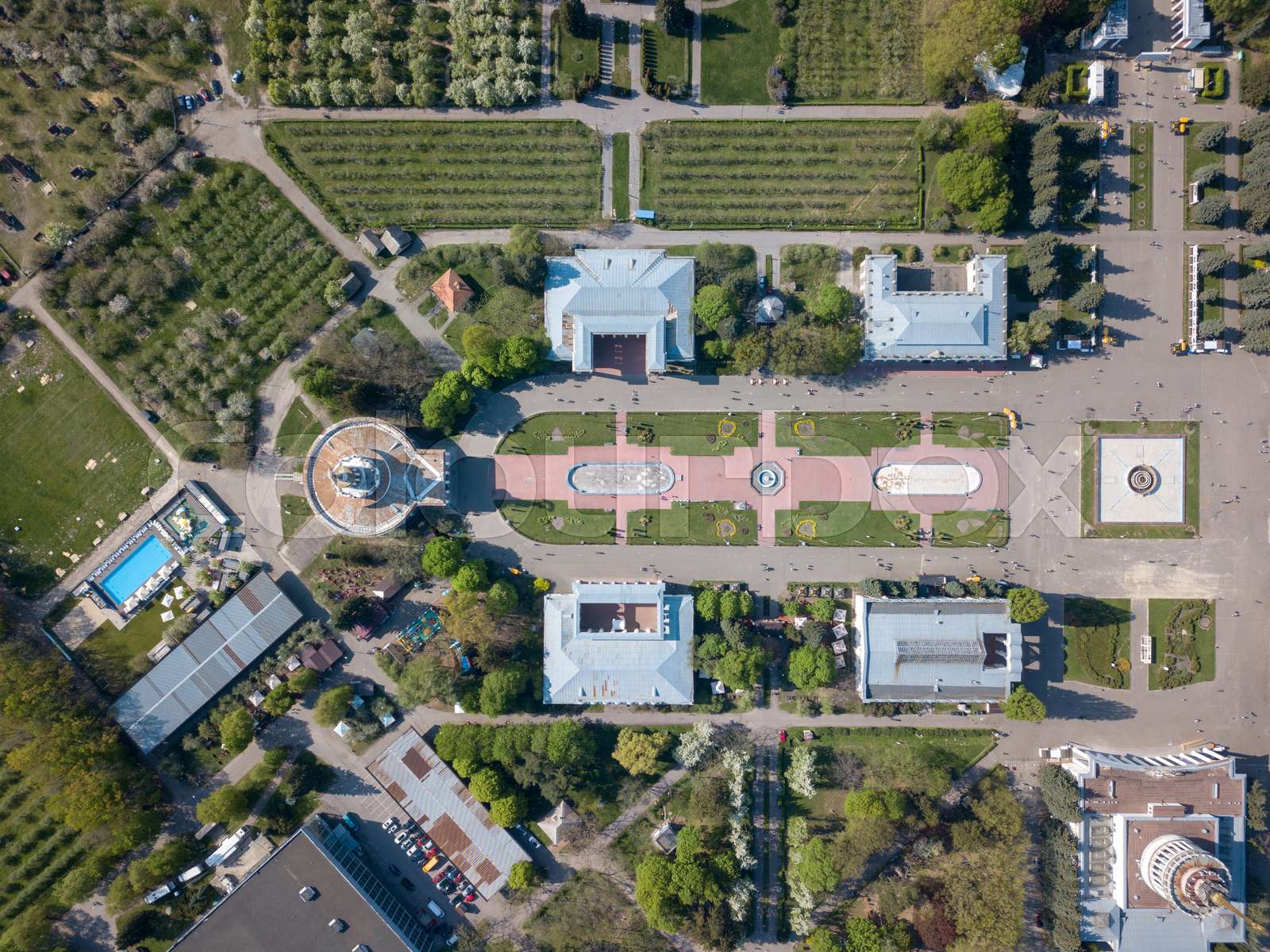 Aerial view exhibition center and park in the city of Kiev. Photo from ...