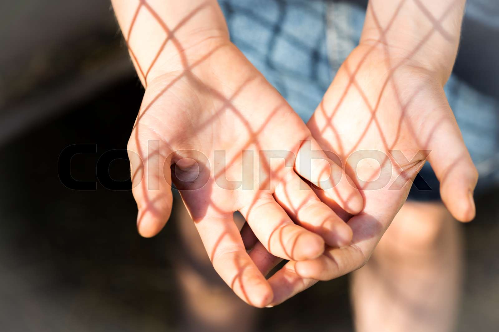 Hands of the girl and shadow from the grate | Stock image | Colourbox