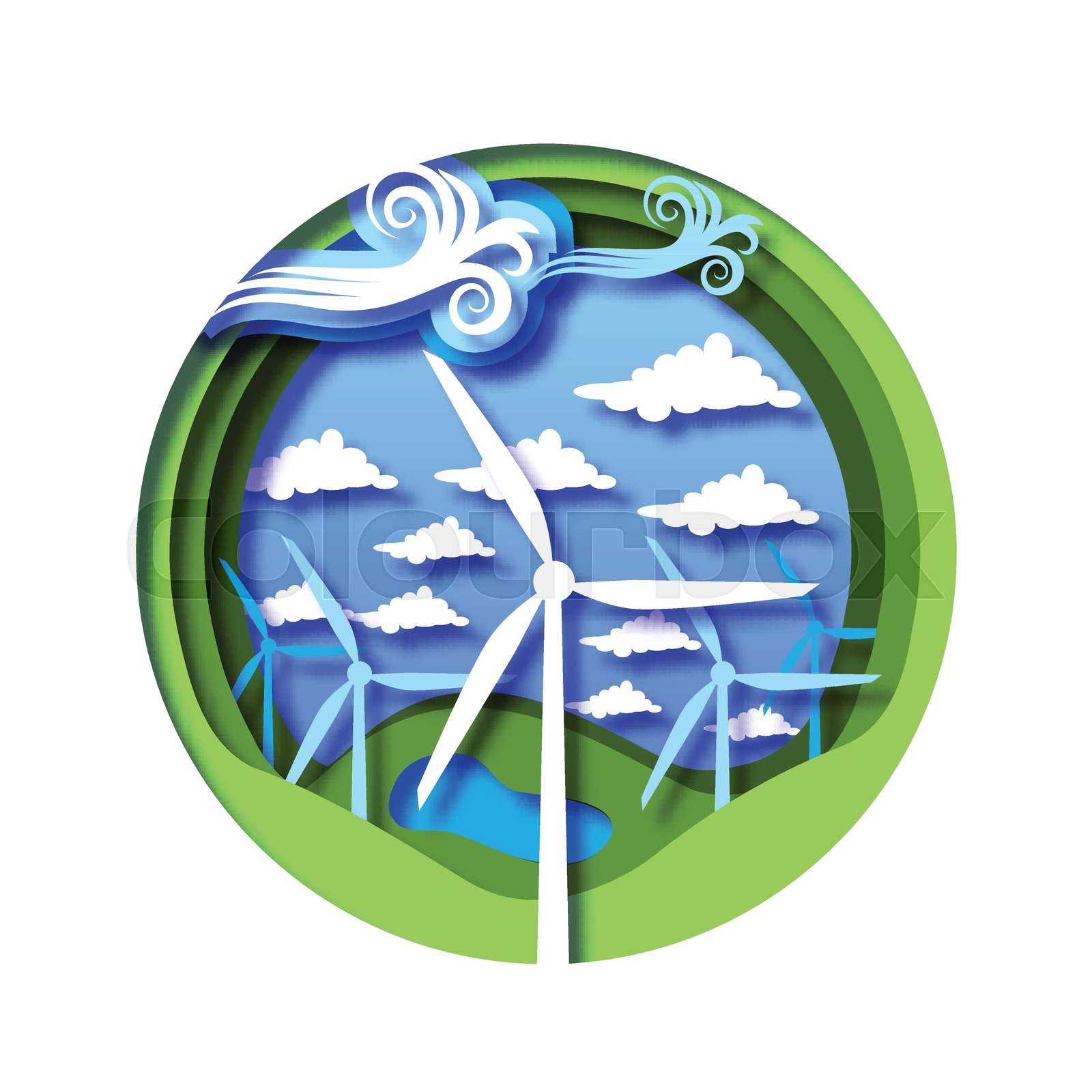 Wind energy concept with wind mills, green natural landscape with hills ...