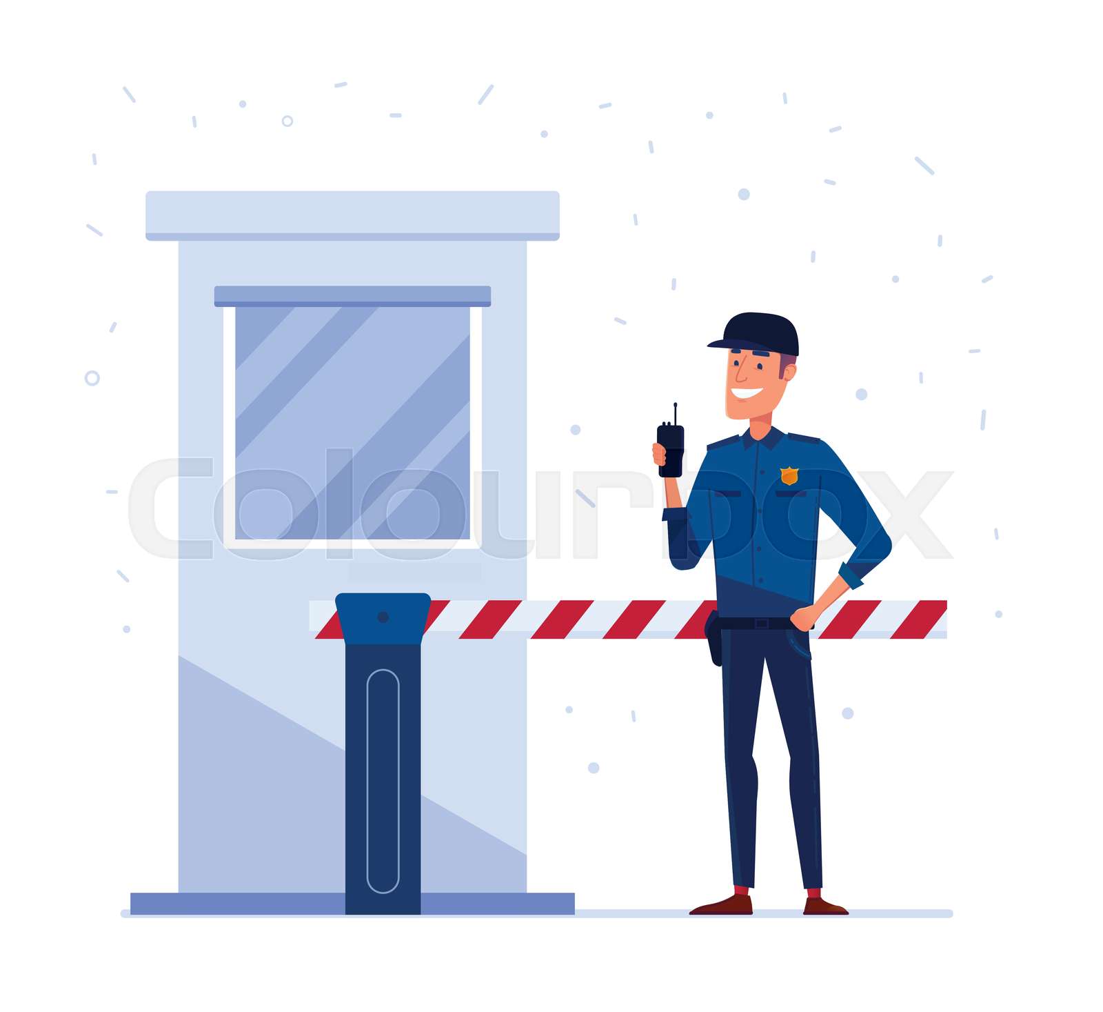 Security company employee with portable radio in front of the closed ...