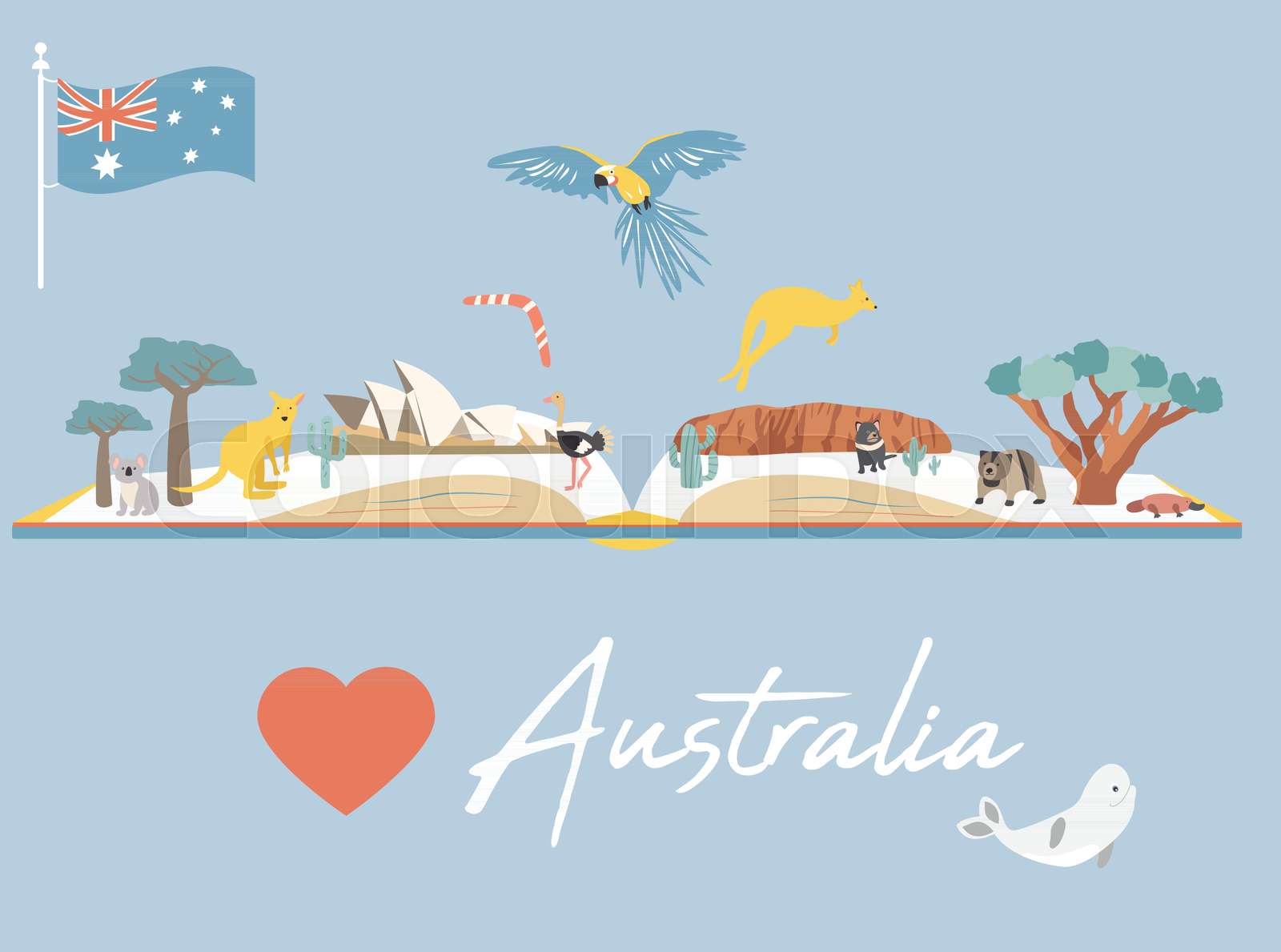 Map of Australia with landmarks and wildlife | Stock vector | Colourbox