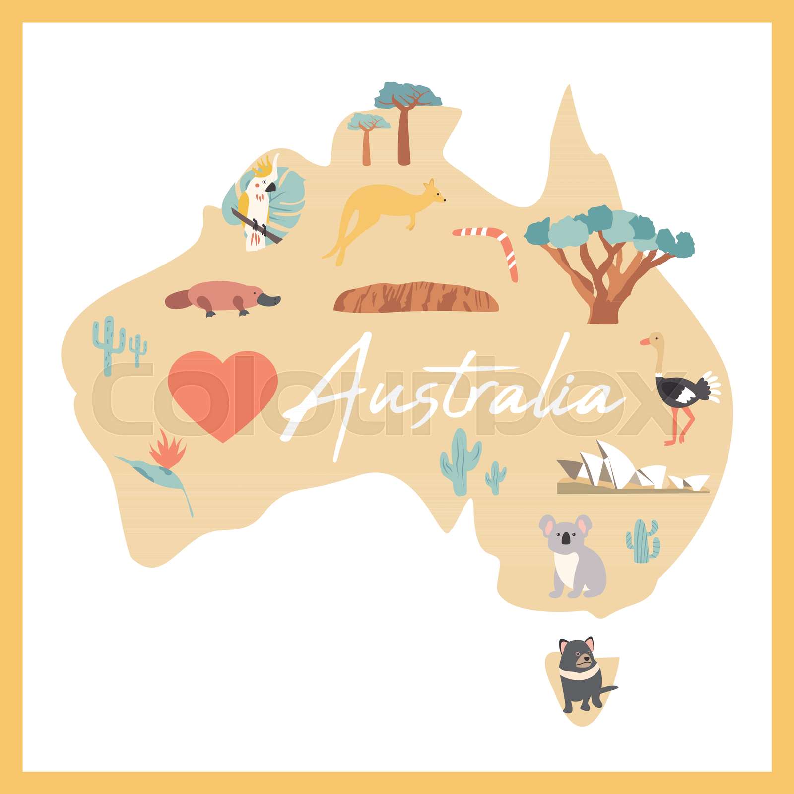 Map of Australia with landmarks and wildlife | Stock vector | Colourbox