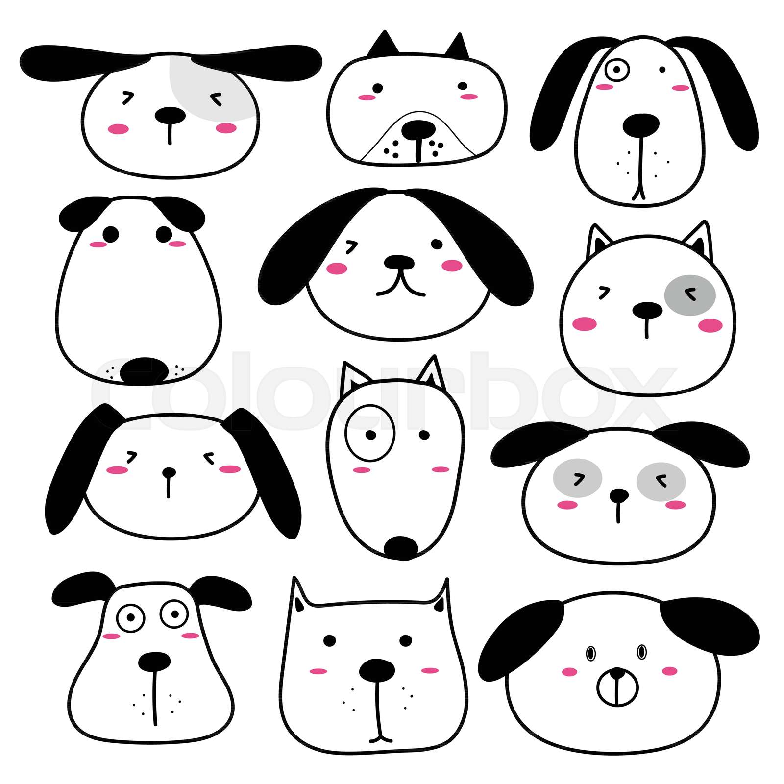 Hand Drawn Cute Dog Face Characters Set. Vector Illustration. | Stock ...