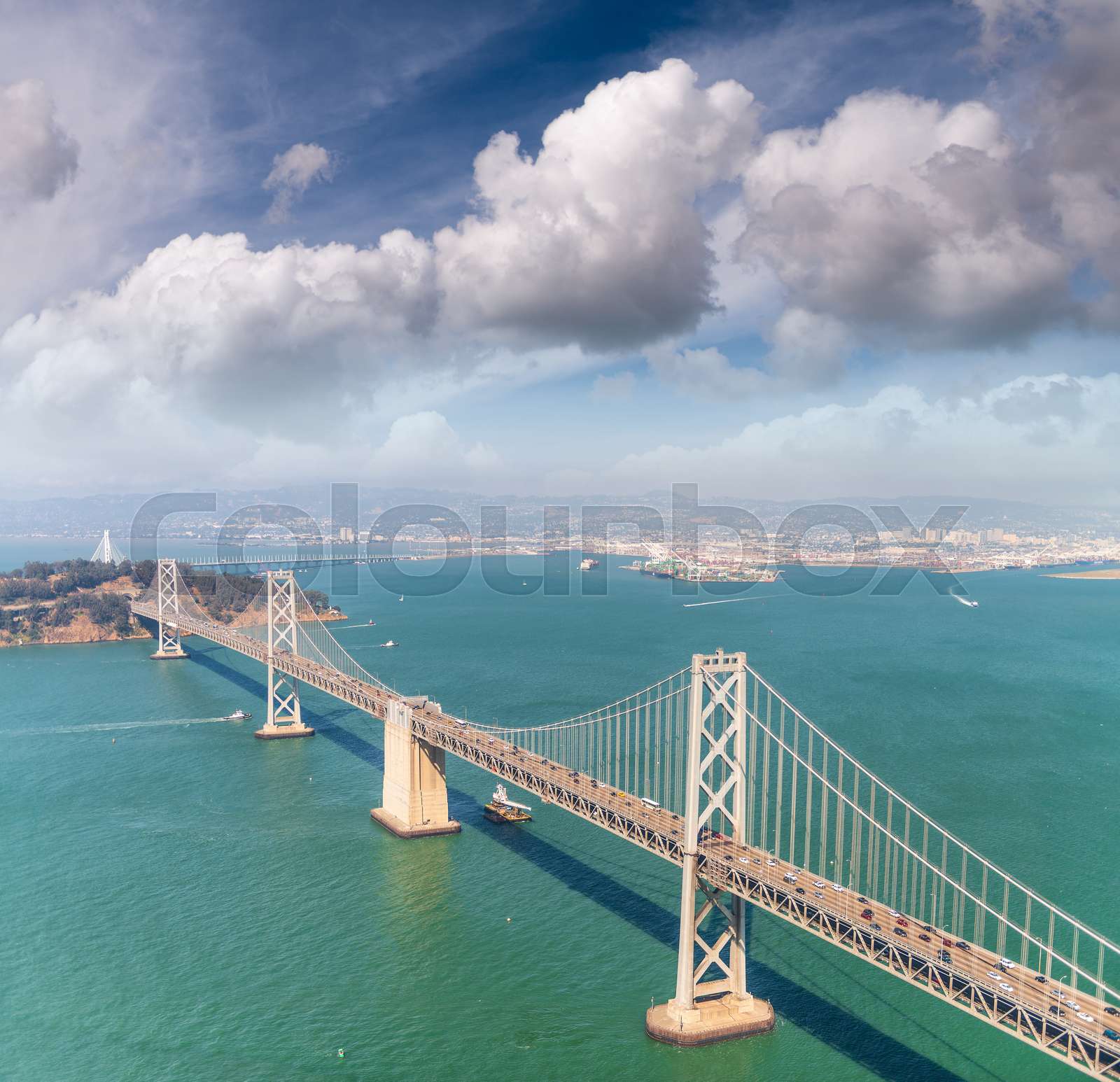 Aerial overhead view of San Francisco Bay Bridge from helicopter ...