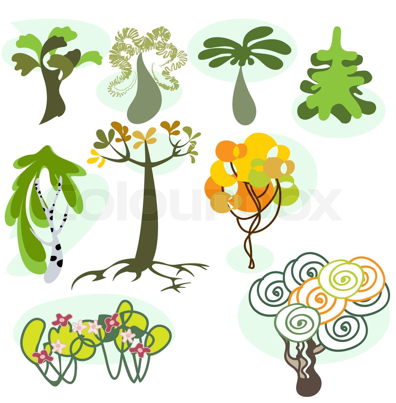 A cartoon vector illustration set of nine different trees | Stock ...