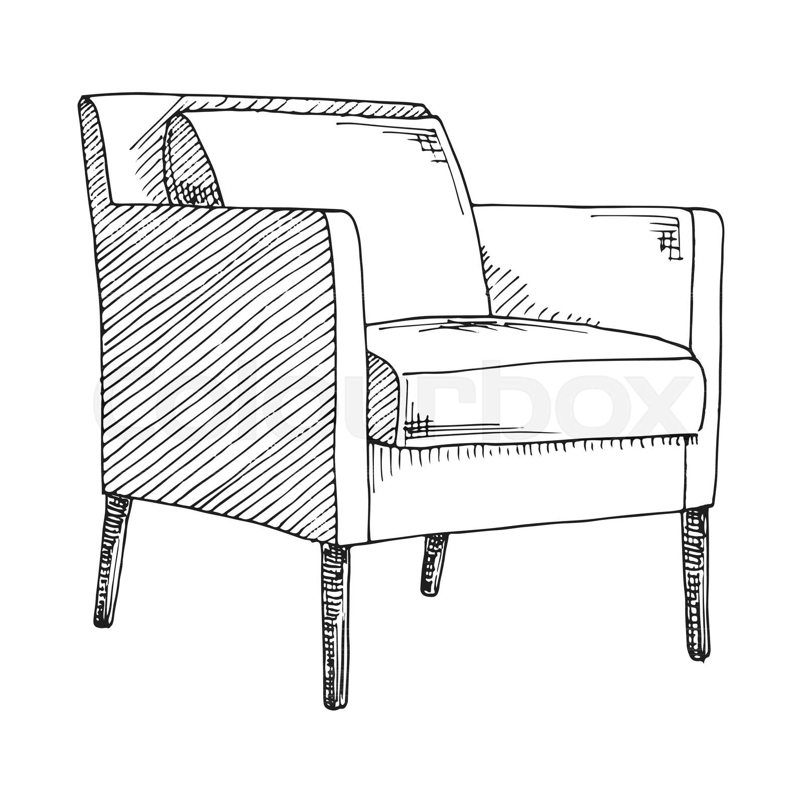 Hand drawn a soft chair with a pillow. Vector illustration in sketch ...