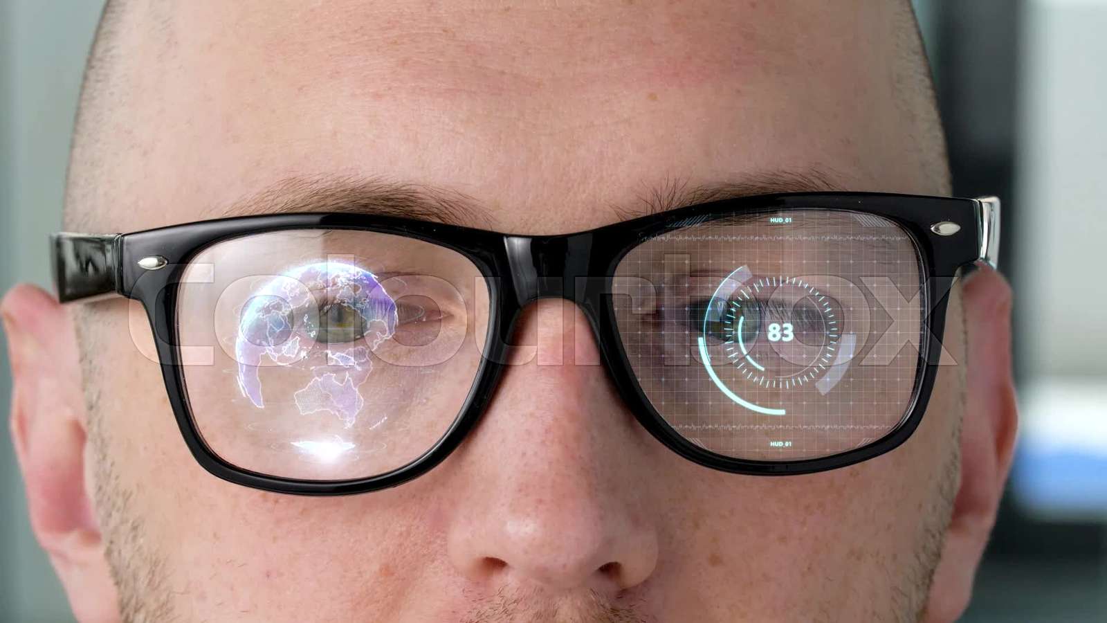 eyes with virtual projections on 3d glasses lenses | Stock video ...