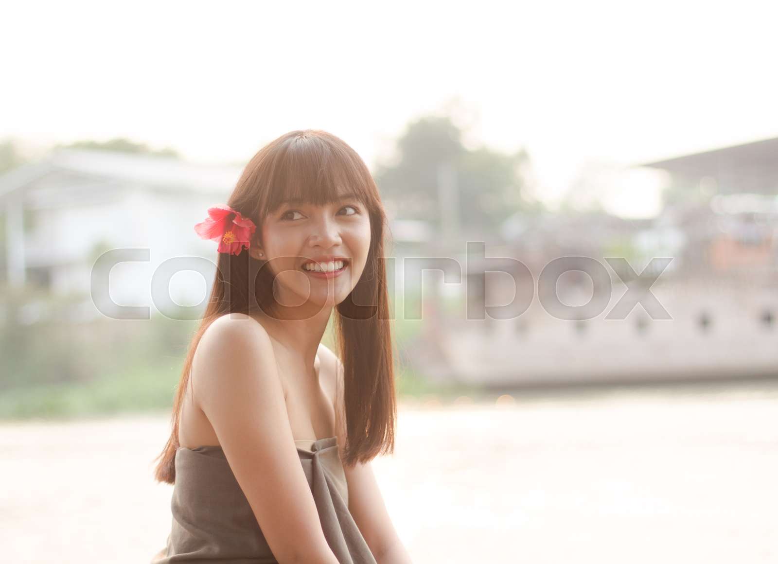 Young Thai Girl Put Ancient Thai Dress Sitting And Smiling Central