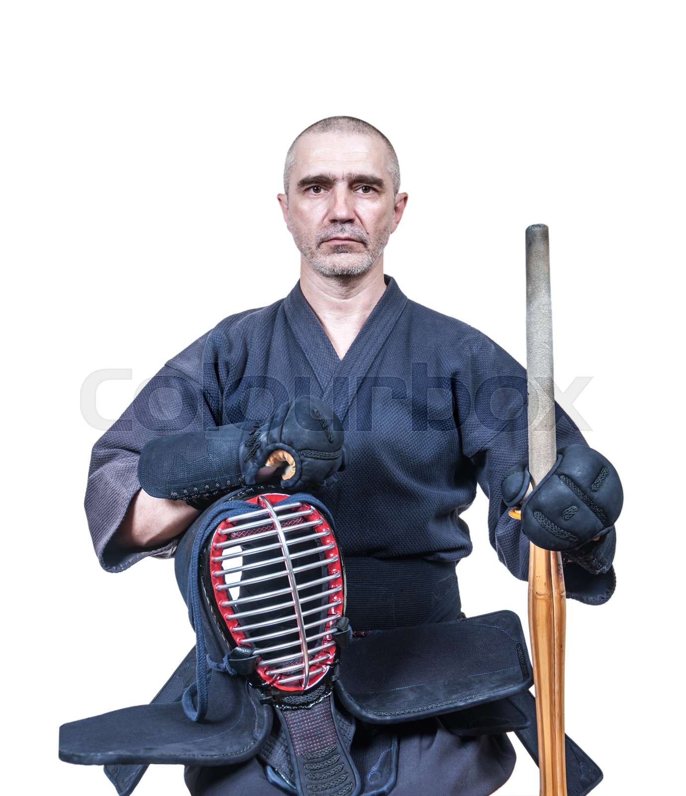 swordsman dressed in protective equipment 'bogu' with bamboo sword ...
