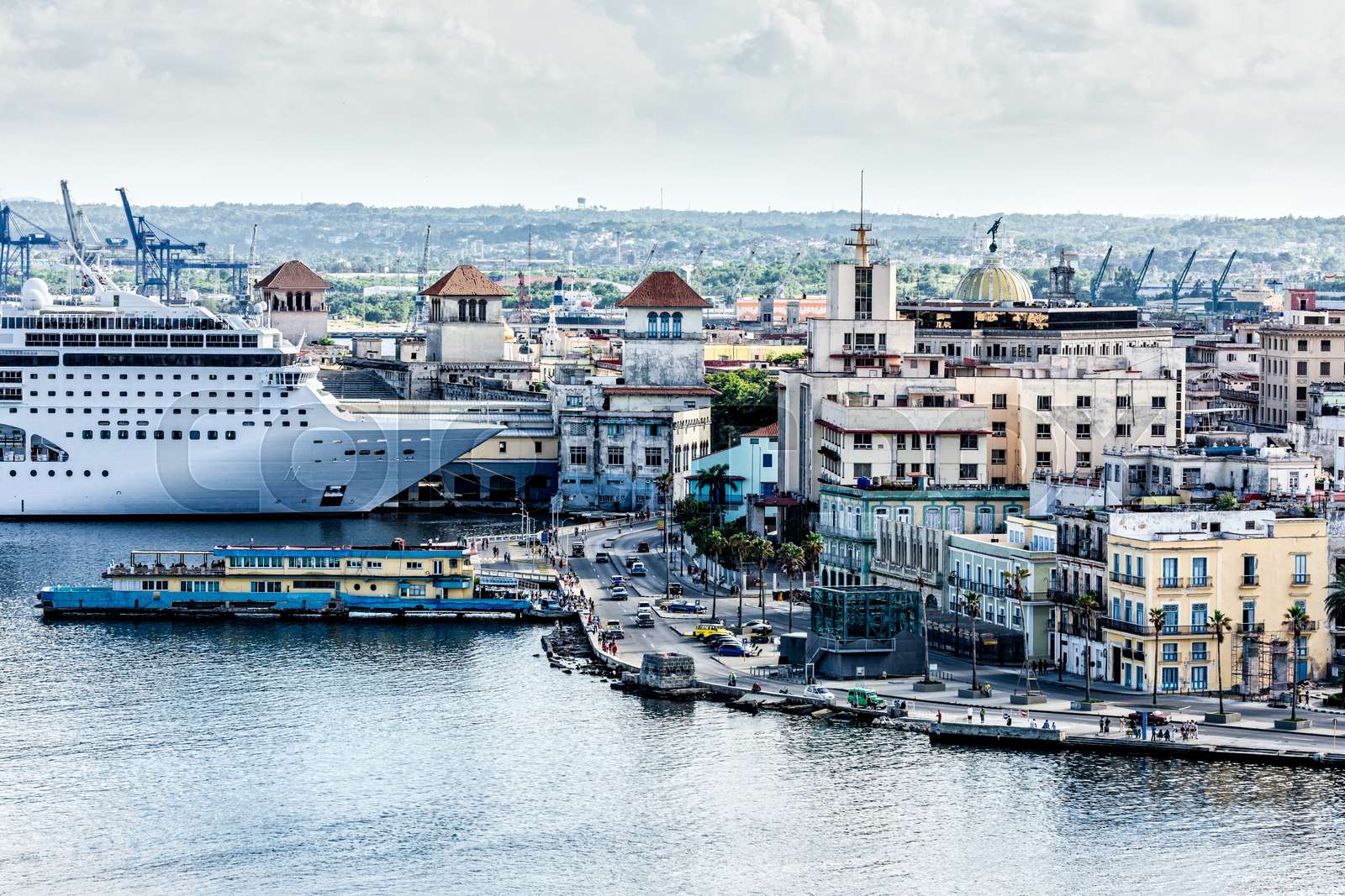 City panorama and big cruise ship docked in port of old Havana, Cuba ...