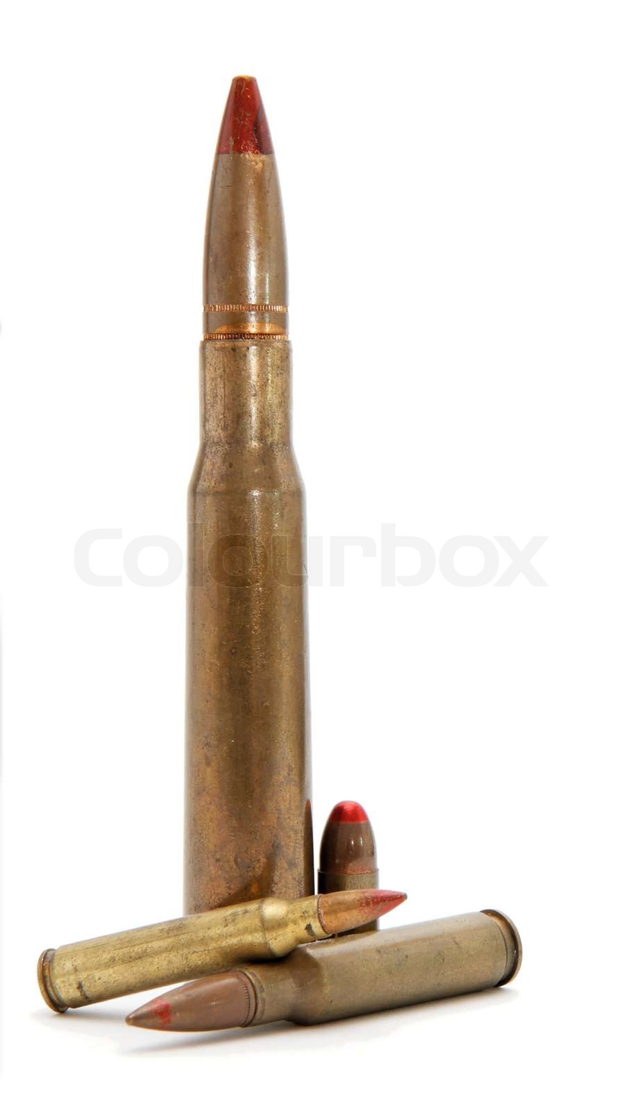 Pile of red-tipped tracer cartridges of various calibers isolated ...