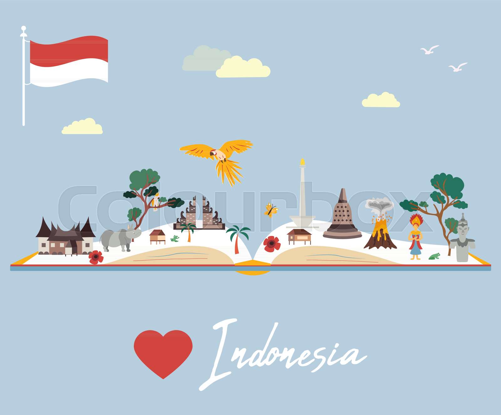 Indonesian map with animals and landmarks | Stock vector | Colourbox