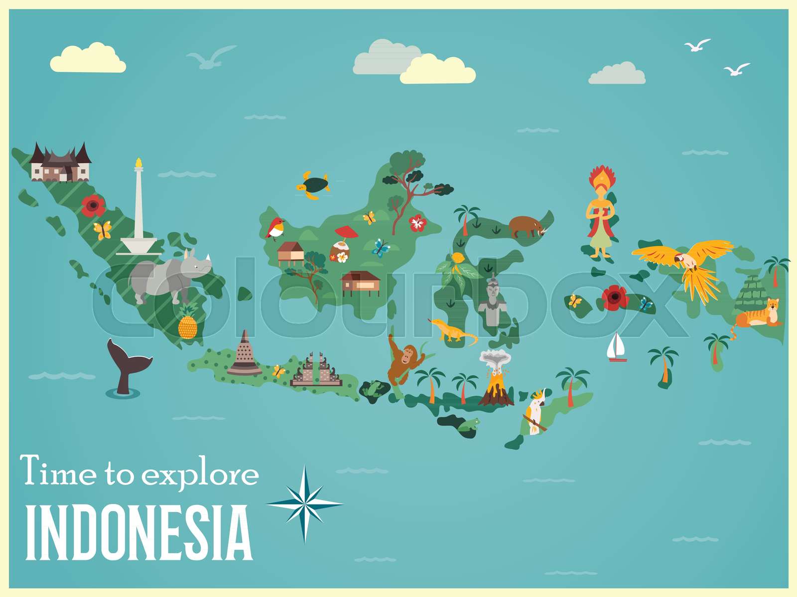 Indonesian map with animals and landmarks | Stock vector | Colourbox