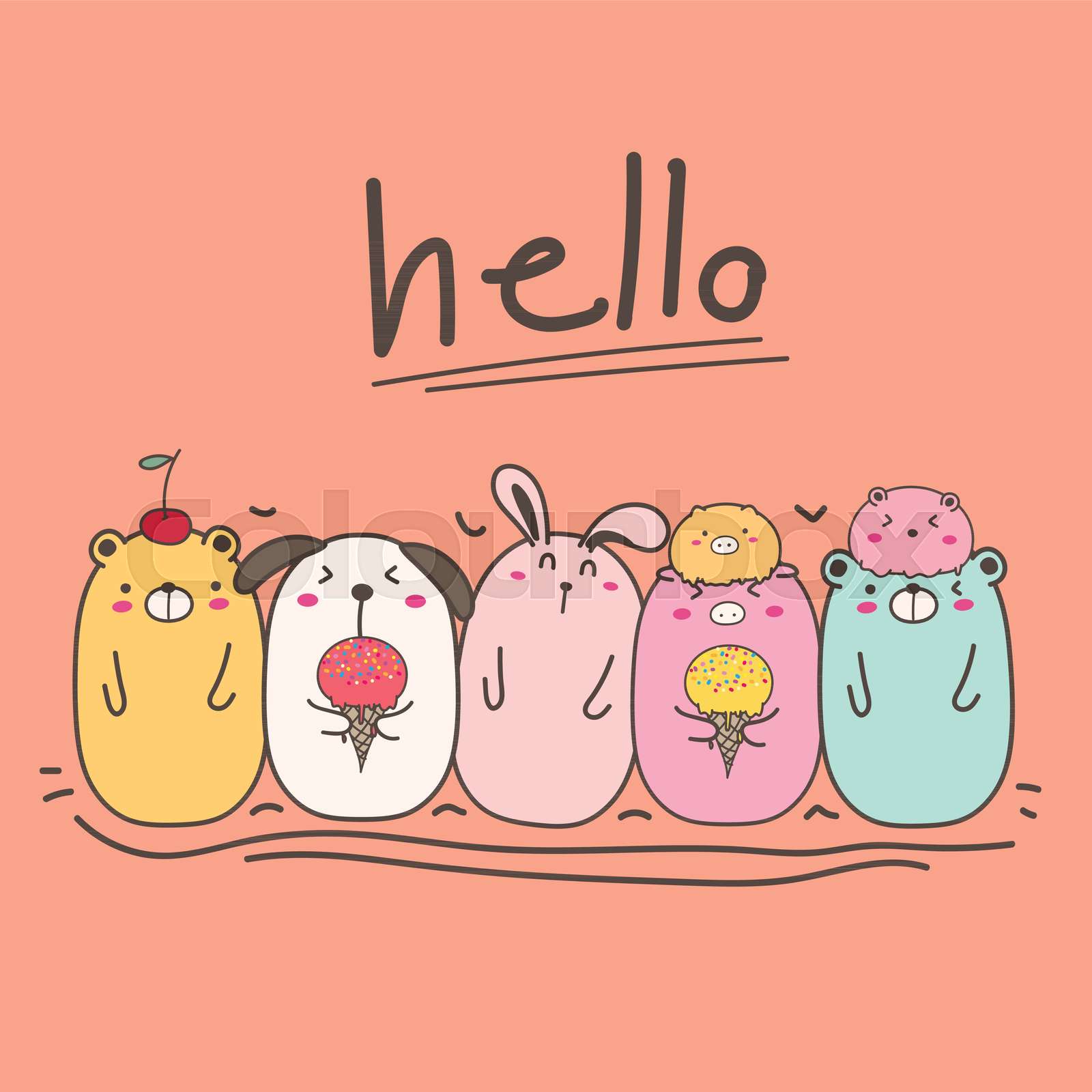 Hand Drawn Cute Animal With Say Hello. | Stock vector | Colourbox