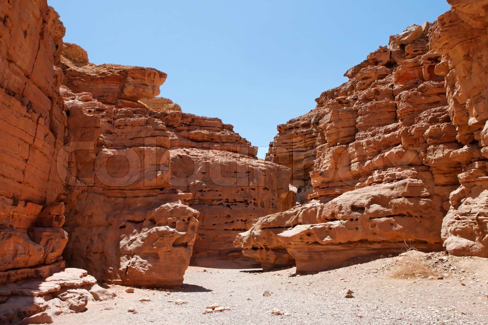 Desert landscape of weatherd red rocks in Red Canyon, Israel | Stock ...