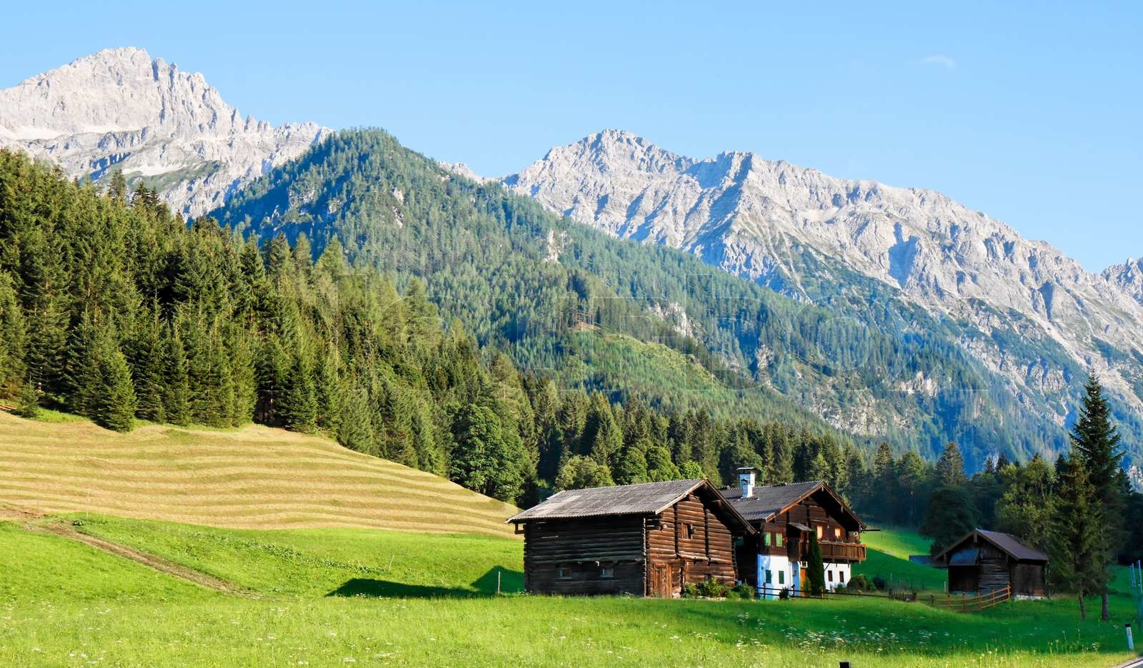 Alpine landscape in Austria: mountains, forests, meadows and a farm ...
