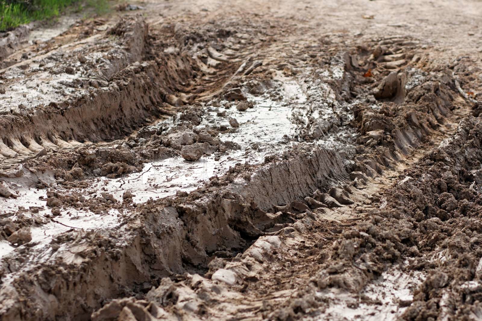 Closeup of car ruts in dry road mud | Stock image | Colourbox