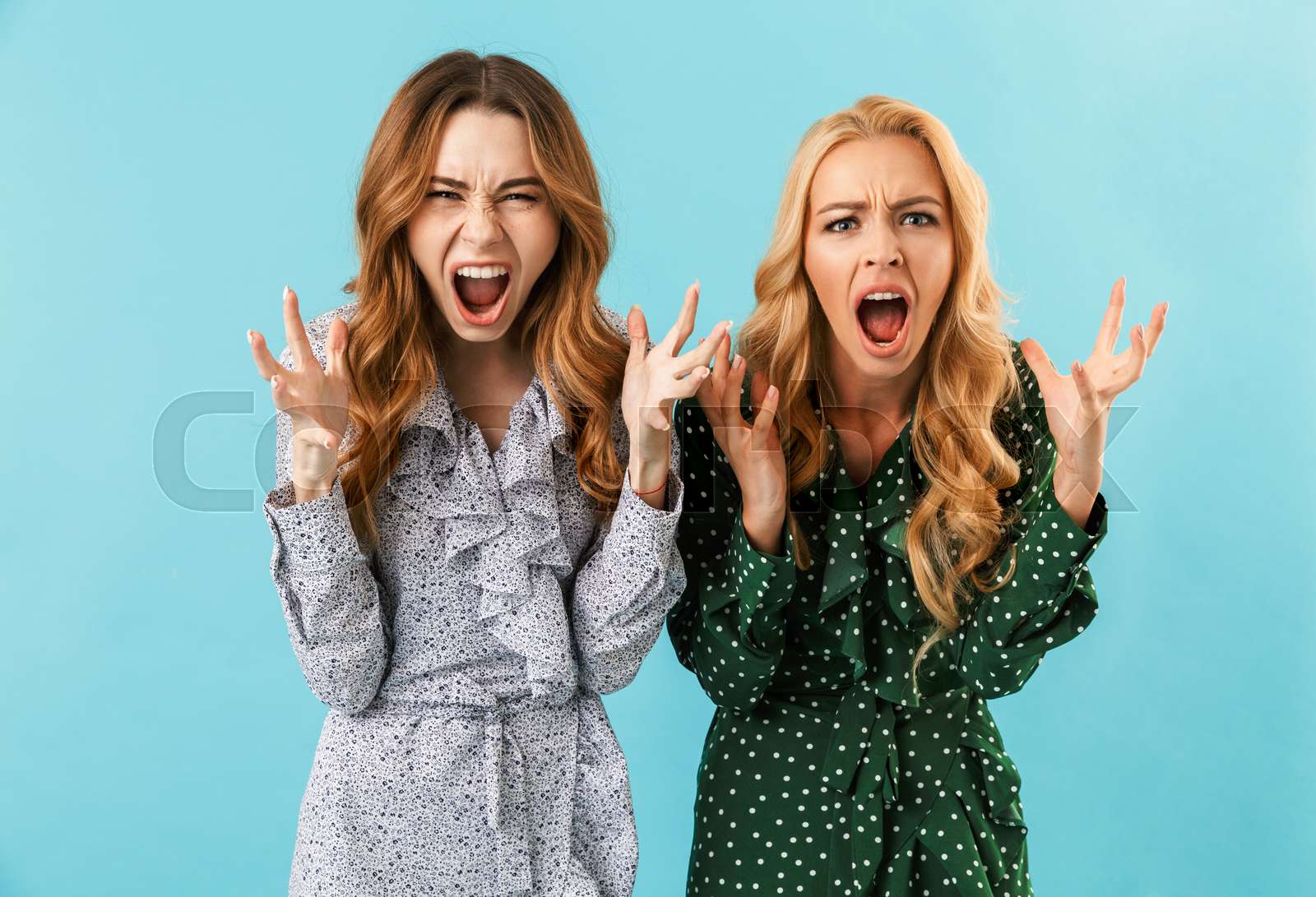 Two angry screaming women in dresses standing together | Stock image ...