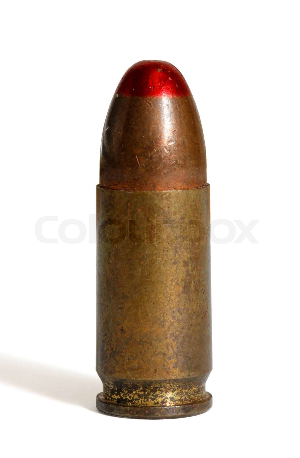 Single standing red-tipped tracer 9mm Parabellum cartridge isolated ...